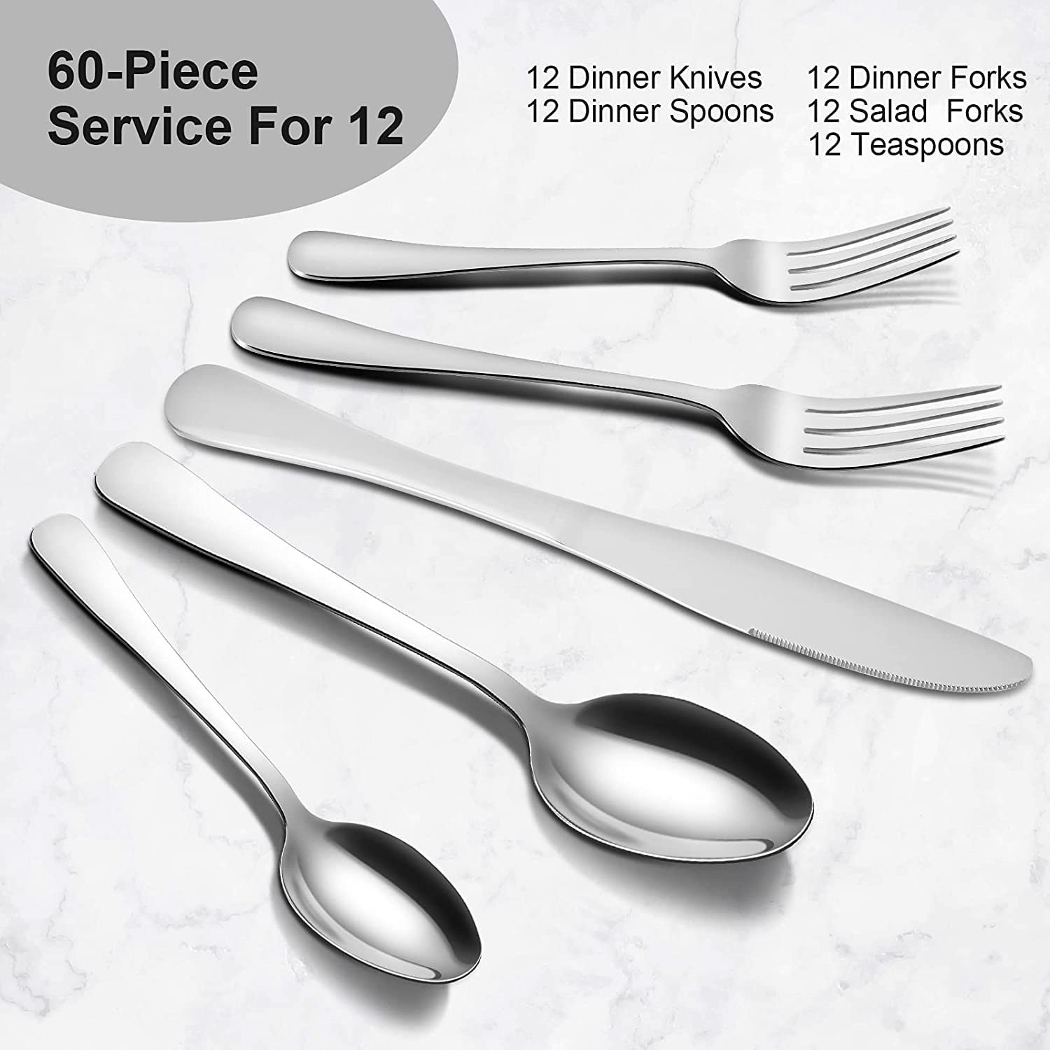 60 piece Forks and Spoons Silverware Set, Flatware Sets, Mirrored Stainless Steel Cutlery Set, Spoons Forks and Knives Set Service for 12