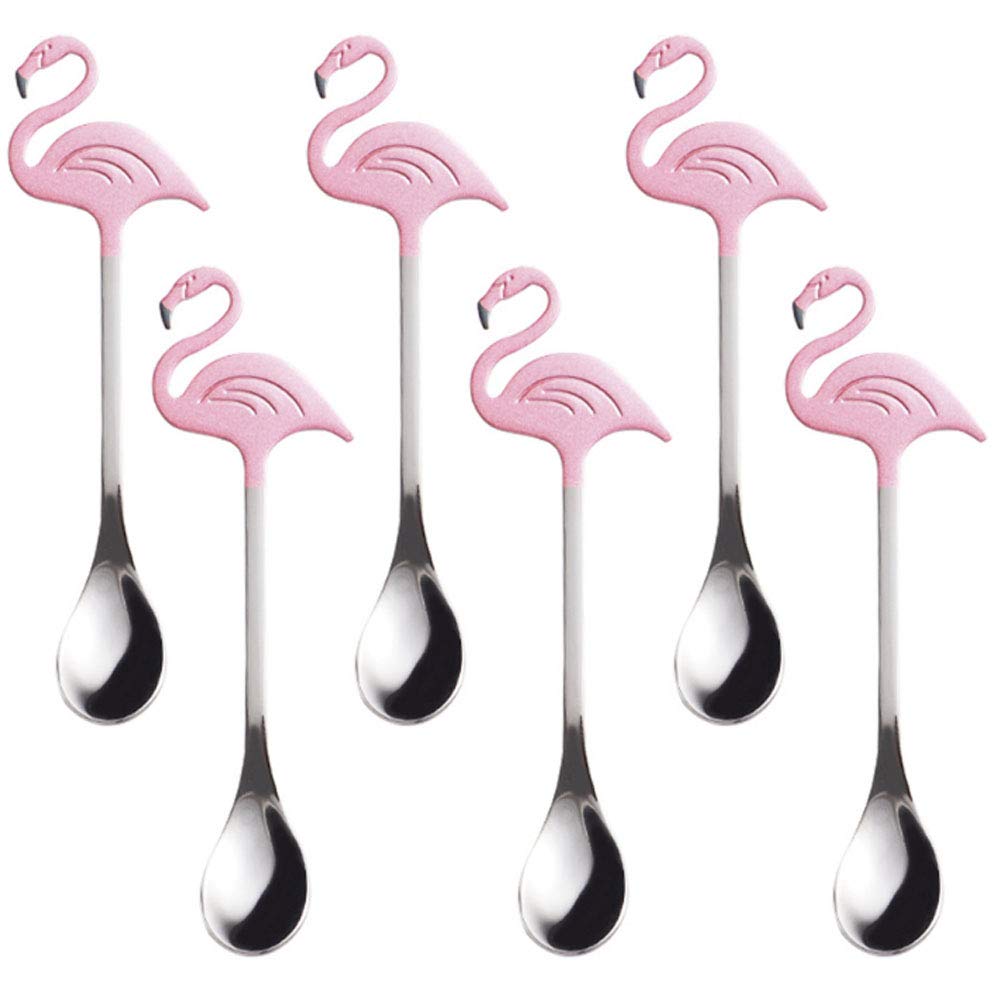 jinyatu Stainless Steel Creative Pink Flamingo Decorate Spoons Kitchen Accessory for Cake Tea Sugar Ice Cream Fruit 6 pieces