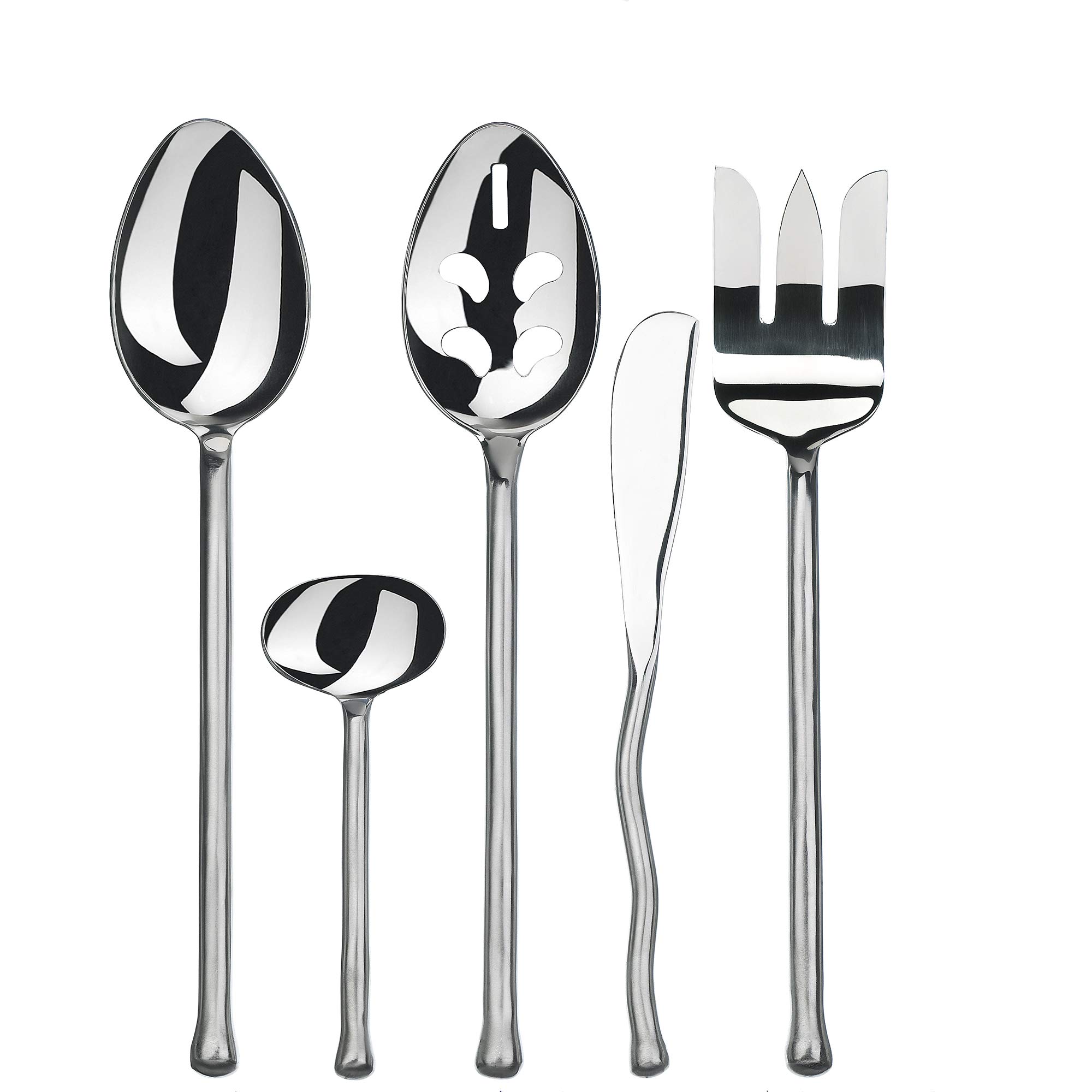 Gourmet Settings 5-Pieces Hostess Silverware Exotique Platinum Matte/Polished Metal Flatware Serving Set, Stainless Steel Kitchen Utensils Knife/Fork/Spoons, Dishwasher Safe