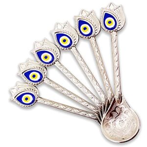 kuchengerate 6pcs evil eye beady silver casting tea coffee stirring teaspoons 12.7cm/5" inc unique nazar design - a different product dazzling - suitable for dessert espresso ice cream - best gift set