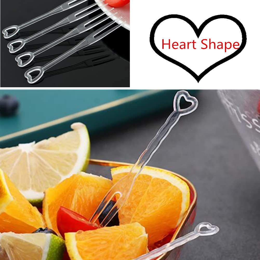 500PCS Disposable Plastic Cocktail Picks Fruit Forks, Clear Heart Shape Mini Cake Forks Sticks Party Supplies, Tasting Appetizer Plates Picks Dessert Forks