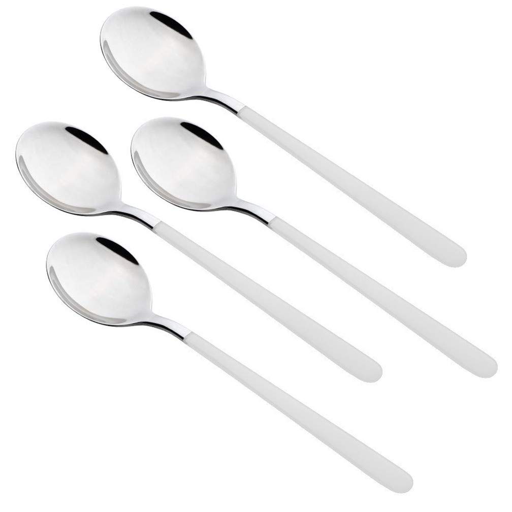 4-Piece Stainless Steel Dinner Spoons with Round Edge, 8 inches Comfort Long Handle Table Spoon, Mirror Polished Flatware Utensils Dishwasher Safe, for Home Kitchen Restaurant (4 white)