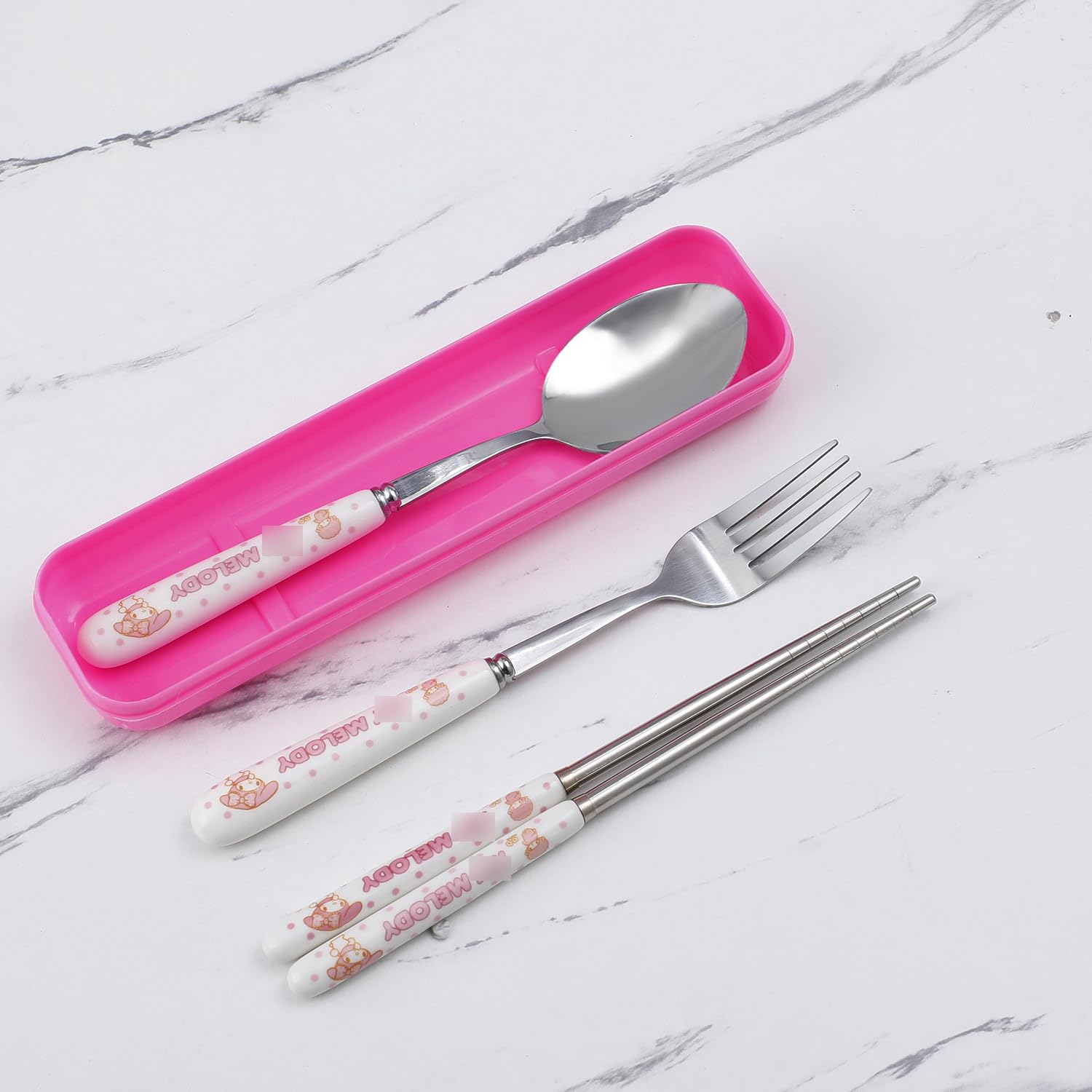 Cartoon Print Portable Utensils with Case Kawaii Kitty Reusable Flatware Set Chopsticks Fork Spoon Set for Travel Picnic(SCF-MLD)