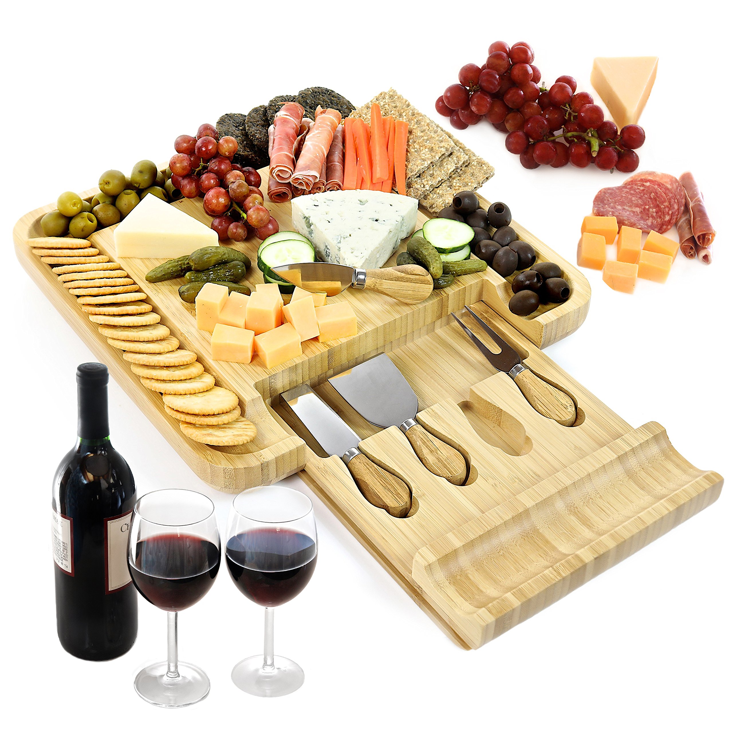 Vistal Cheese Board and Knife Set, Bamboo Charcuterie Board with Slide-Out Drawer and Stainless Steel Knives