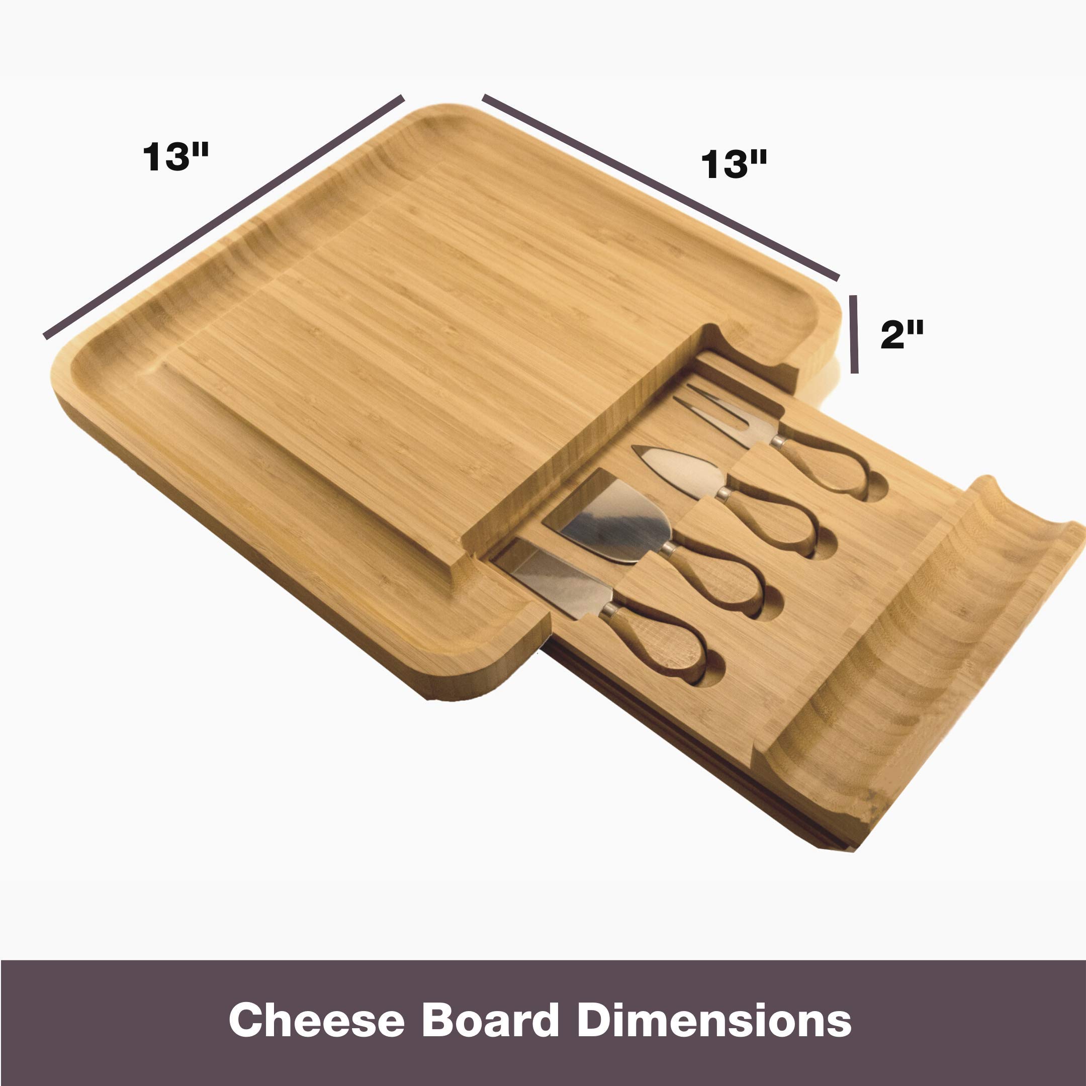 Vistal Cheese Board and Knife Set, Bamboo Charcuterie Board with Slide-Out Drawer and Stainless Steel Knives