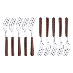 10-Piece Appetizer Small Forks, 5.7" Tasting Tea Forks Set, Stainless Steel Dessert Forks with Wooden Handle, 3-Tine Portable Cocktail Salad Fruit Forks for Party Travel (Silver & Faux Wood)