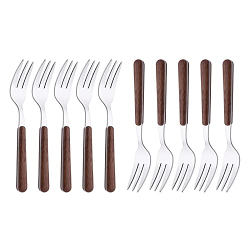 10-Piece Appetizer Small Forks, 5.7" Tasting Tea Forks Set, Stainless Steel Dessert Forks with Wooden Handle, 3-Tine Portable Cocktail Salad Fruit Forks for Party Travel (Silver & Faux Wood)