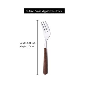 10-Piece Appetizer Small Forks, 5.7" Tasting Tea Forks Set, Stainless Steel Dessert Forks with Wooden Handle, 3-Tine Portable Cocktail Salad Fruit Forks for Party Travel (Silver & Faux Wood)