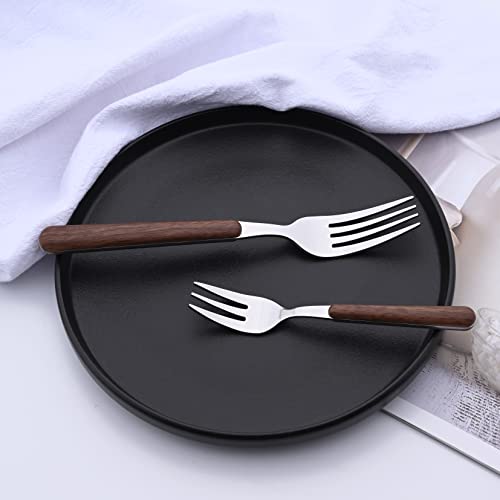 10-Piece Appetizer Small Forks, 5.7" Tasting Tea Forks Set, Stainless Steel Dessert Forks with Wooden Handle, 3-Tine Portable Cocktail Salad Fruit Forks for Party Travel (Silver & Faux Wood)