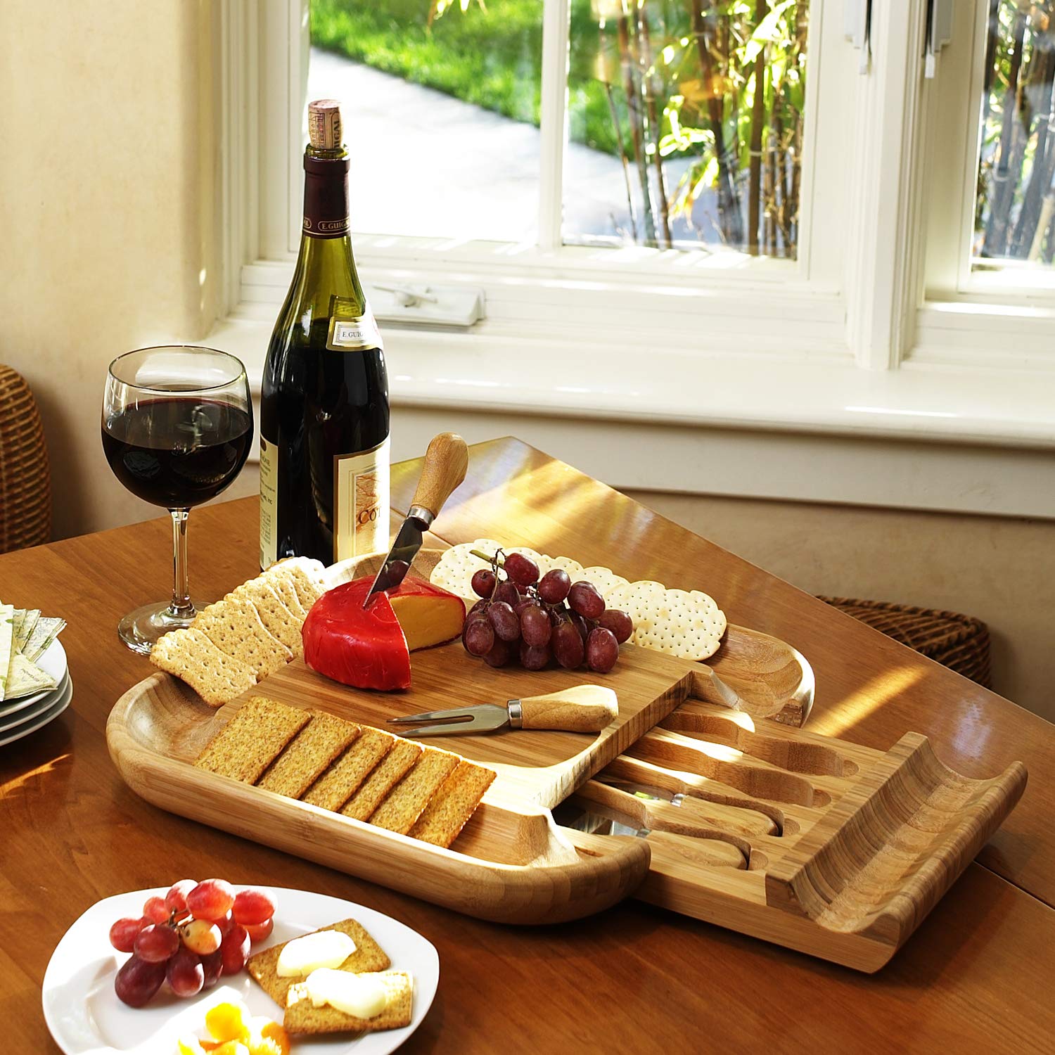 Picnic at Ascot Original Bamboo Cheese/Charcuterie Board with Cracker Groove & Drawer with Cheese Tools - Designed & Quality Checked in the USA