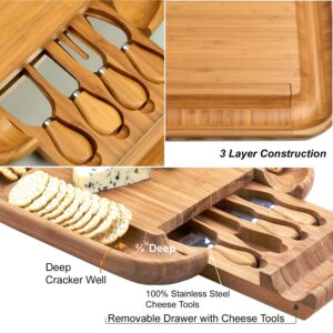 Picnic at Ascot Original Bamboo Cheese/Charcuterie Board with Cracker Groove & Drawer with Cheese Tools - Designed & Quality Checked in the USA