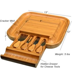 Picnic at Ascot Original Bamboo Cheese/Charcuterie Board with Cracker Groove & Drawer with Cheese Tools - Designed & Quality Checked in the USA