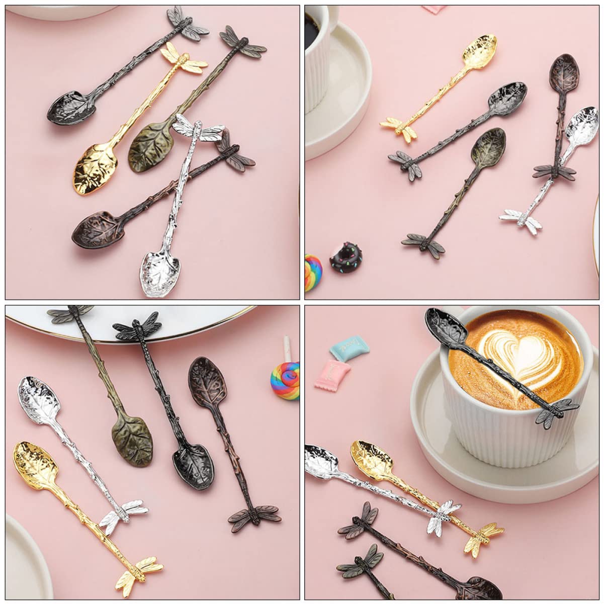 BESTonZON Metal Dessert Spoon Soup Spoon 6pcs Dessert Spoons Metal Dessert Spoon Branches Designed Spoons Metal Meal Spoon Metal Branches Dragonfly Stirring Spoon Stainless Steel Cake Spoon