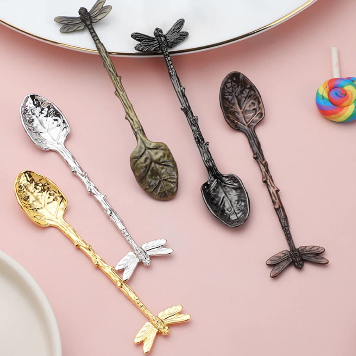 BESTonZON Metal Dessert Spoon Soup Spoon 6pcs Dessert Spoons Metal Dessert Spoon Branches Designed Spoons Metal Meal Spoon Metal Branches Dragonfly Stirring Spoon Stainless Steel Cake Spoon