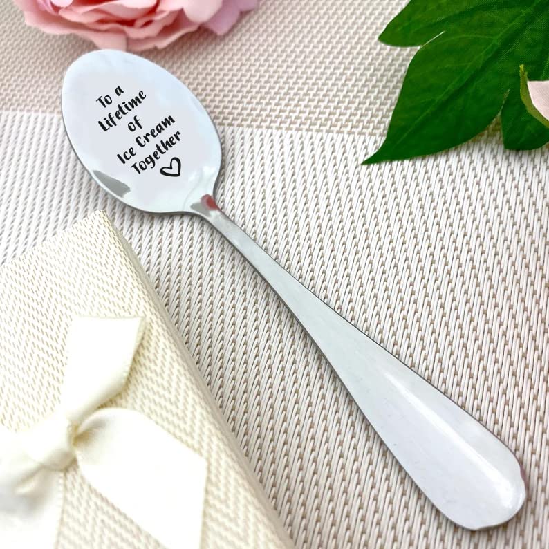 To a Lifetime of Ice Cream Together Engraved Spoon - Novelty Stainless Steel for Women/Men/Couples Gifts Funny Flatware Lovers Gift Anniversary Valentine Birthday, Silver, 7 inches (A4)