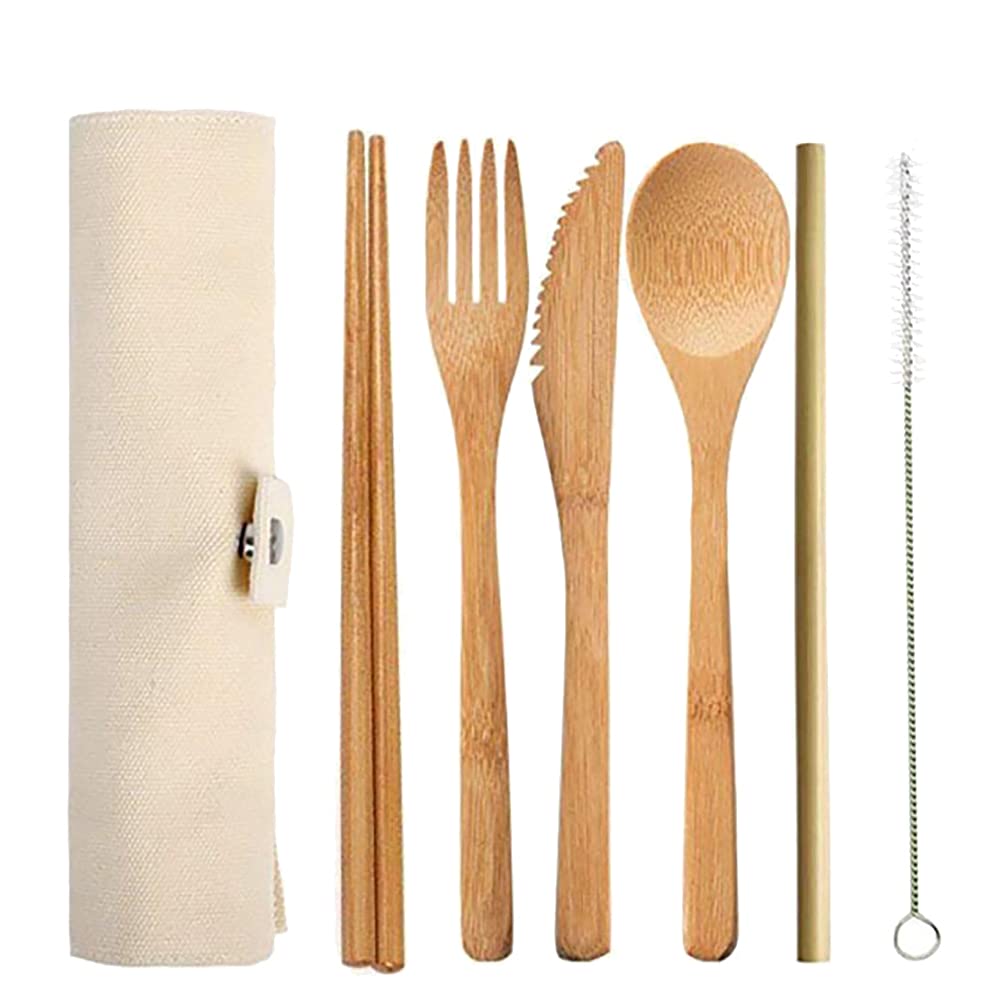 ccHuDE 6 Pcs Bamboo Travel Cutlery Knife Fork Spoon Chopsticks Straw Brush Set Bamboo Utensils Camping Flatware Set