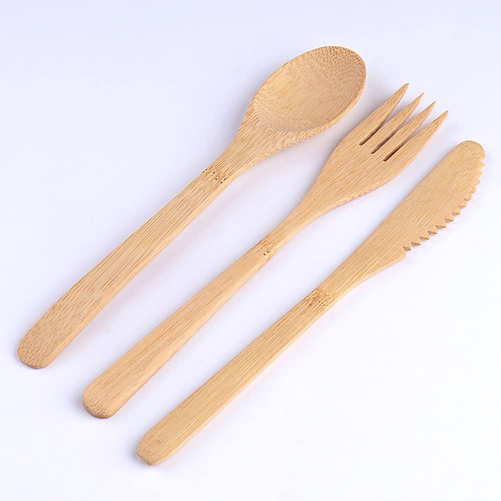 ccHuDE 6 Pcs Bamboo Travel Cutlery Knife Fork Spoon Chopsticks Straw Brush Set Bamboo Utensils Camping Flatware Set