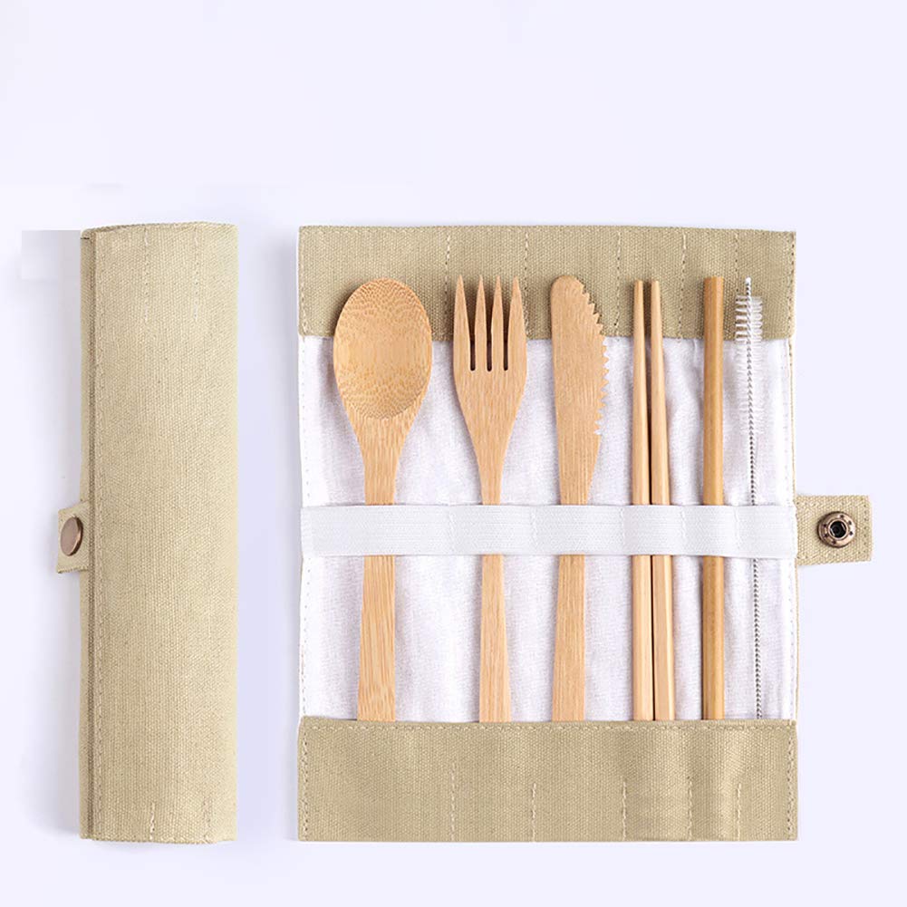 ccHuDE 6 Pcs Bamboo Travel Cutlery Knife Fork Spoon Chopsticks Straw Brush Set Bamboo Utensils Camping Flatware Set