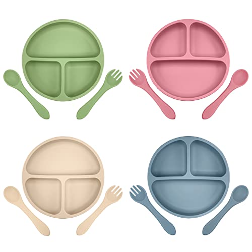 TQONEP 12 Pack Suction Plates for Babies & Toddler,Divided Plate Set,Silicone Suction Cup Plates for Babies with Fork and Spoon，Baby Plates with Suction,Toddler Plate Utensils Set