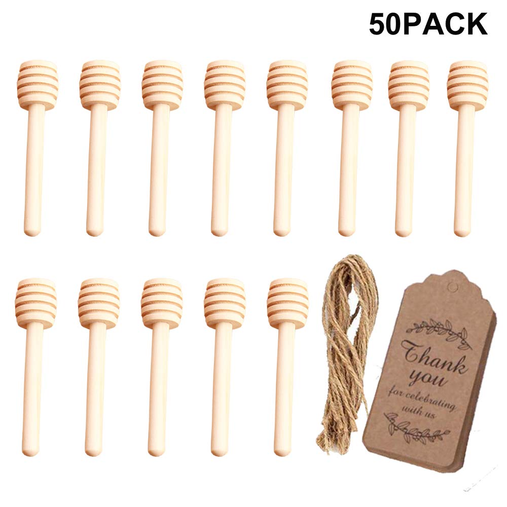 Amajoy 50PCS Small Wood Honey Dipper Sticks with Thank You Escort Card and Twine Server for Honey Jar Dispense Drizzle Honey Wedding Party Favor Baby Shower