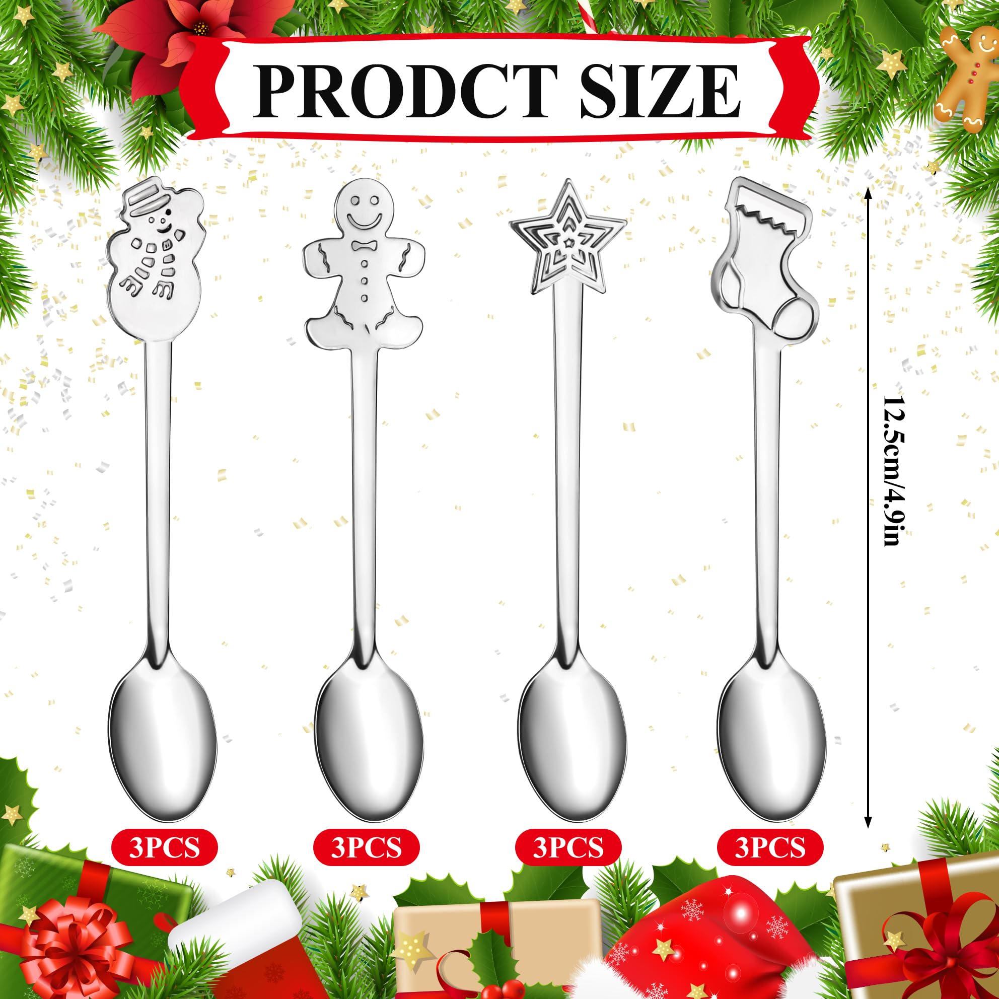 Eshylala 12 Pack Creative Christmas Spoon Stainless Steel Coffee Spoon Christmas Stirring Spoon Tea Spoon Soup Spoon, 5 Inch