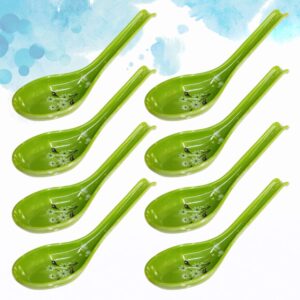 Hemoton Soup Spoons, 8pcs Japanese Style Melamine Spoons Rice Spoons with Hook, Chinese Asian Soup Spoons With Long Handle for Restaurants, Food shops, Catering Halls (Green)