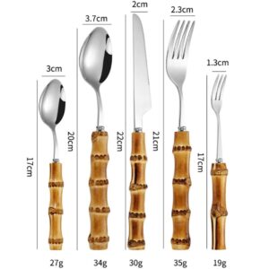 Tunkeny Bamboo Flatware Set Service for 12, 60 Piece Natural Bamboo Silverware Set Bamboo Handle Cutlery Utensil Set, Hand Crafted Bamboo Dinnerware Set, Mirror Finished (12 Sets-60 Piece)