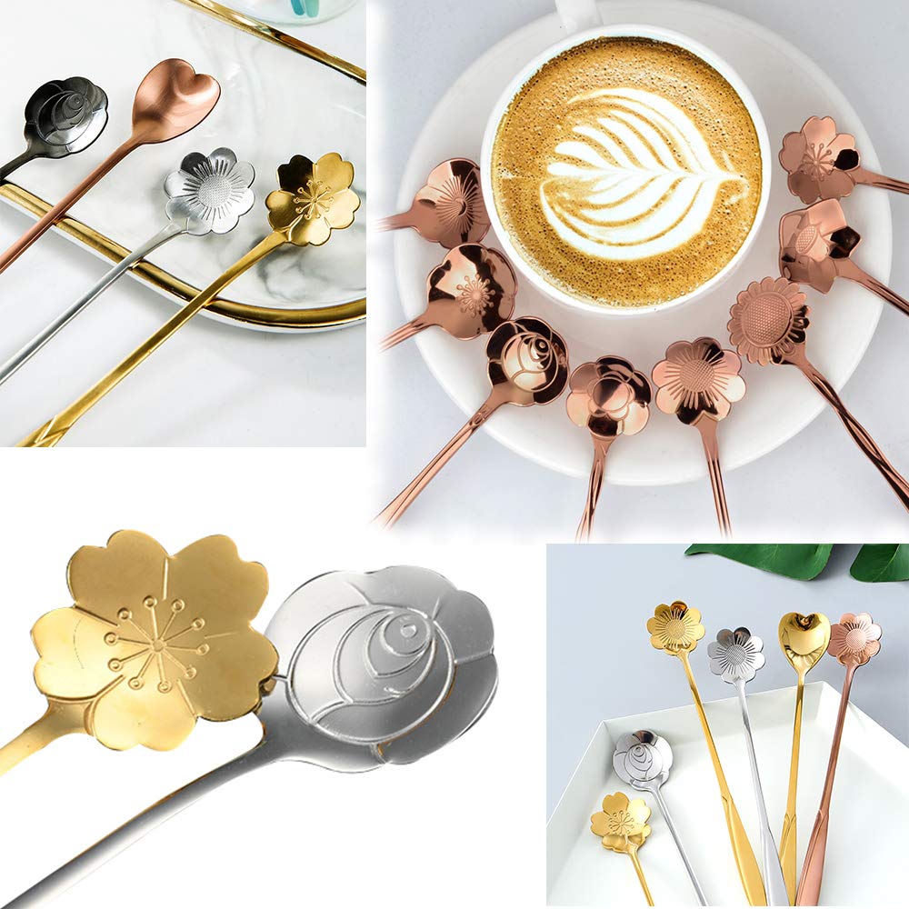 20PCS Flower Spoon Set, FULANDL Stainless Steel Tea Spoon Coffee Spoon Sugar Spoon, Reusable Tableware Stirring Spoon Ice Cream Spoon for Coffee, Tea, Cake, Dessert, Multiple Shapes (4.9 & 7Inch)