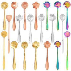 20pcs flower spoon set, fulandl stainless steel tea spoon coffee spoon sugar spoon, reusable tableware stirring spoon ice cream spoon for coffee, tea, cake, dessert, multiple shapes (4.9 & 7inch)