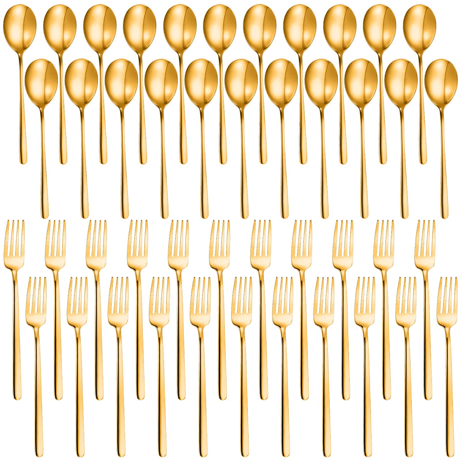 48 Pcs Forks and Spoons Set for 24, Stainless Steel Flatware Cutlery Set Mirror Polished Kitchen Utensil Set, 6.5 Inch Forks and 7.3 Inch Spoons for Home Kitchen Restaurant, Dishwasher Safe (Gold)