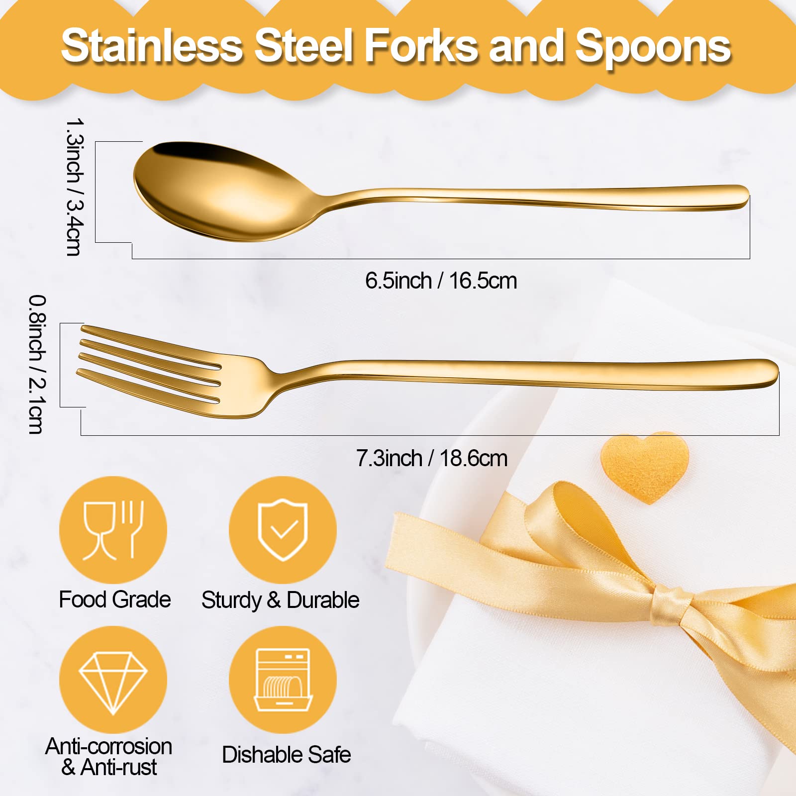 48 Pcs Forks and Spoons Set for 24, Stainless Steel Flatware Cutlery Set Mirror Polished Kitchen Utensil Set, 6.5 Inch Forks and 7.3 Inch Spoons for Home Kitchen Restaurant, Dishwasher Safe (Gold)