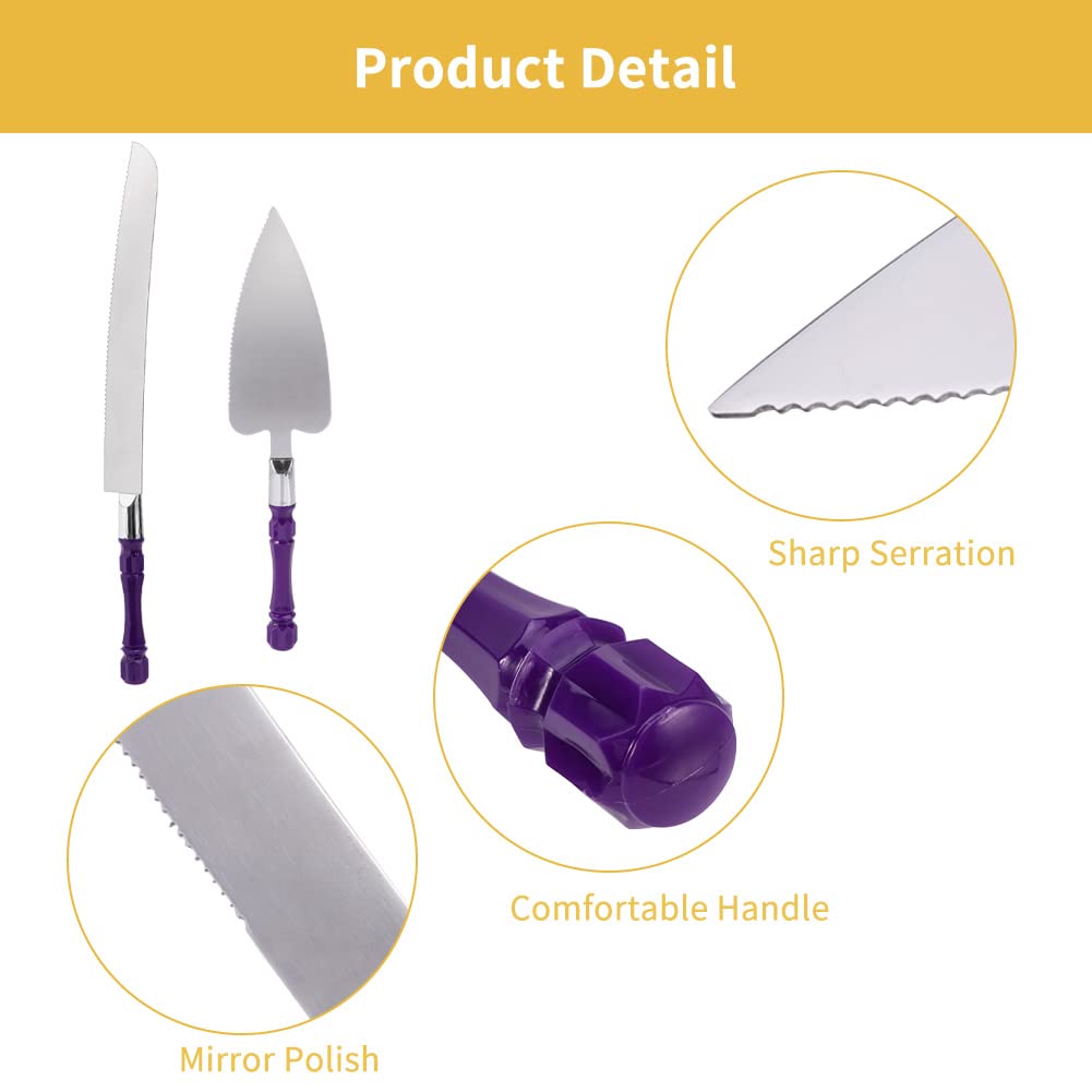 Wedding Cake Knife and Server Set, Stainless Steel Elegant Cake Cutting Set with Faux Crystal Handle, Perfect for Wedding, Birthday, Parties and Events (Purple Crystal Handle)