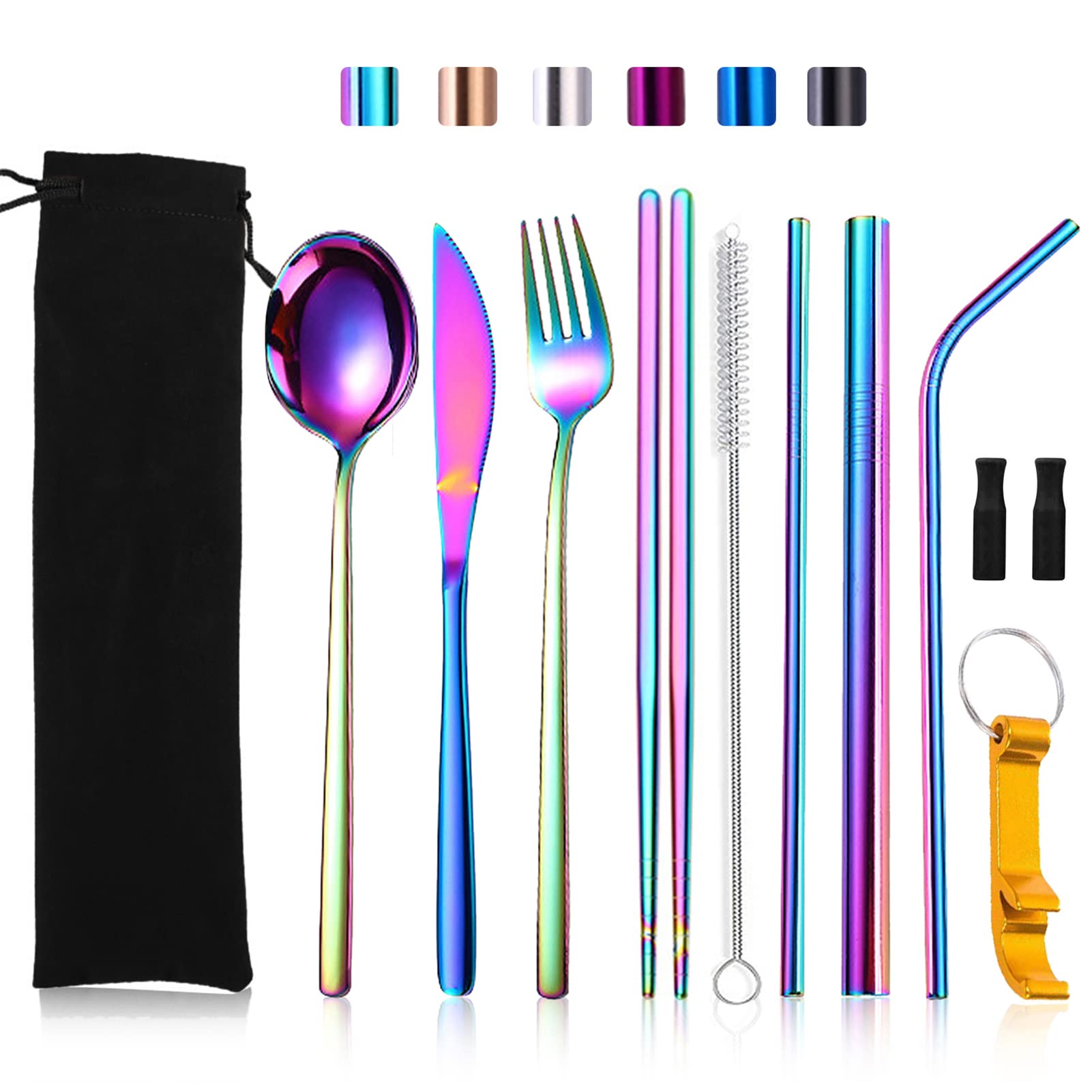 Portable Travel Utensils Set with Case, Stainless Steel Flatware Sets for Lunch Box, Reusable Silverware Set 10 Piece Cutlery Kit Including Fork Knife Spoon Chopsticks Straws (Rainbow)