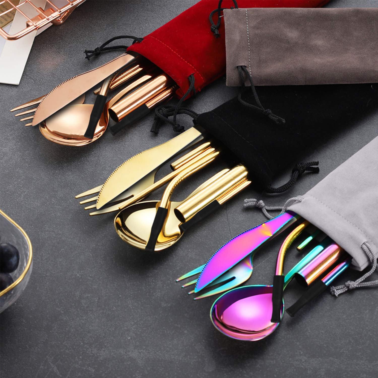 Portable Travel Utensils Set with Case, Stainless Steel Flatware Sets for Lunch Box, Reusable Silverware Set 10 Piece Cutlery Kit Including Fork Knife Spoon Chopsticks Straws (Rainbow)