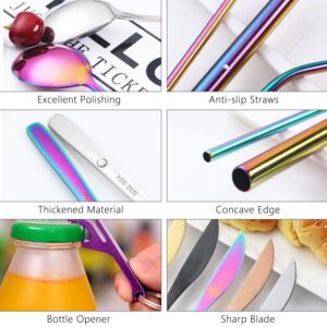 Portable Travel Utensils Set with Case, Stainless Steel Flatware Sets for Lunch Box, Reusable Silverware Set 10 Piece Cutlery Kit Including Fork Knife Spoon Chopsticks Straws (Rainbow)