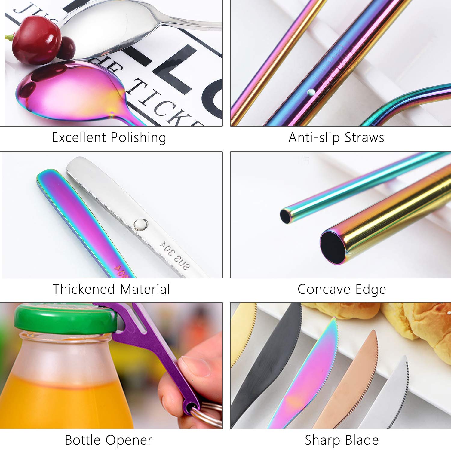 Portable Travel Utensils Set with Case, Stainless Steel Flatware Sets for Lunch Box, Reusable Silverware Set 10 Piece Cutlery Kit Including Fork Knife Spoon Chopsticks Straws (Rainbow)