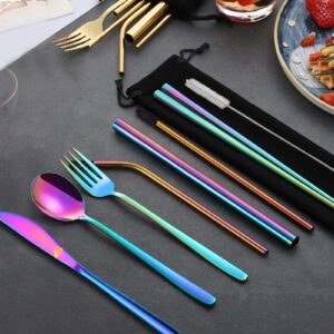 Portable Travel Utensils Set with Case, Stainless Steel Flatware Sets for Lunch Box, Reusable Silverware Set 10 Piece Cutlery Kit Including Fork Knife Spoon Chopsticks Straws (Rainbow)