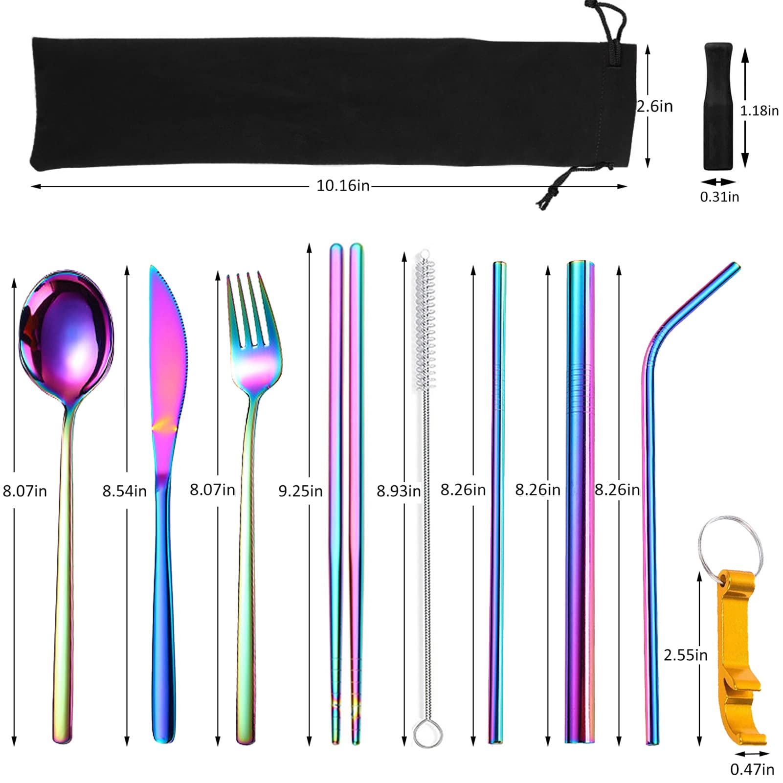 Portable Travel Utensils Set with Case, Stainless Steel Flatware Sets for Lunch Box, Reusable Silverware Set 10 Piece Cutlery Kit Including Fork Knife Spoon Chopsticks Straws (Rainbow)