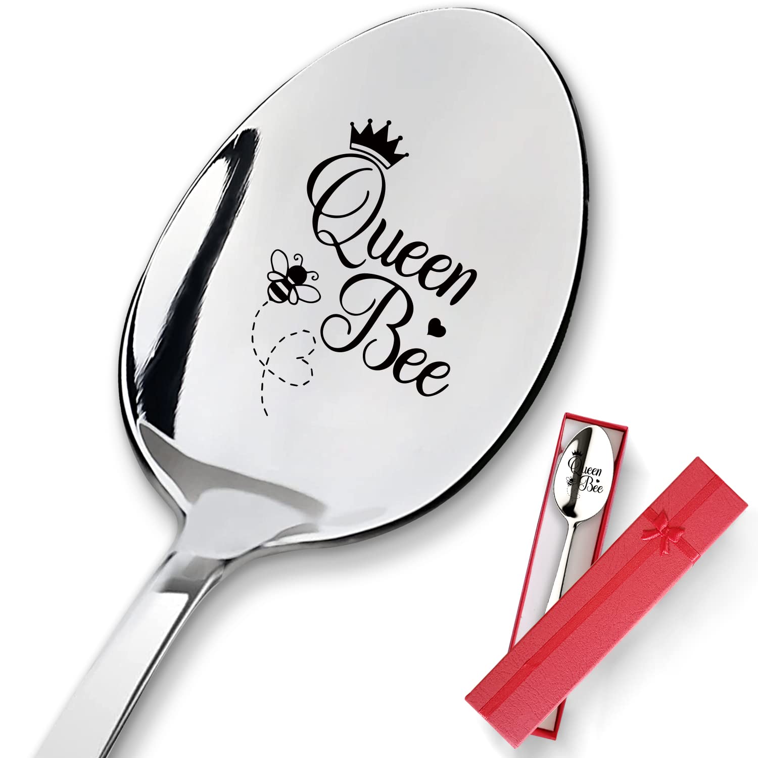 PZJIEAN Queen Bee Funny Engraved Stainless Steel Spoon, Best Ice Cream Coffee Dessert Spoon Gifts for Wife Girlfriend Sister Birthday Mothers Day Christmas