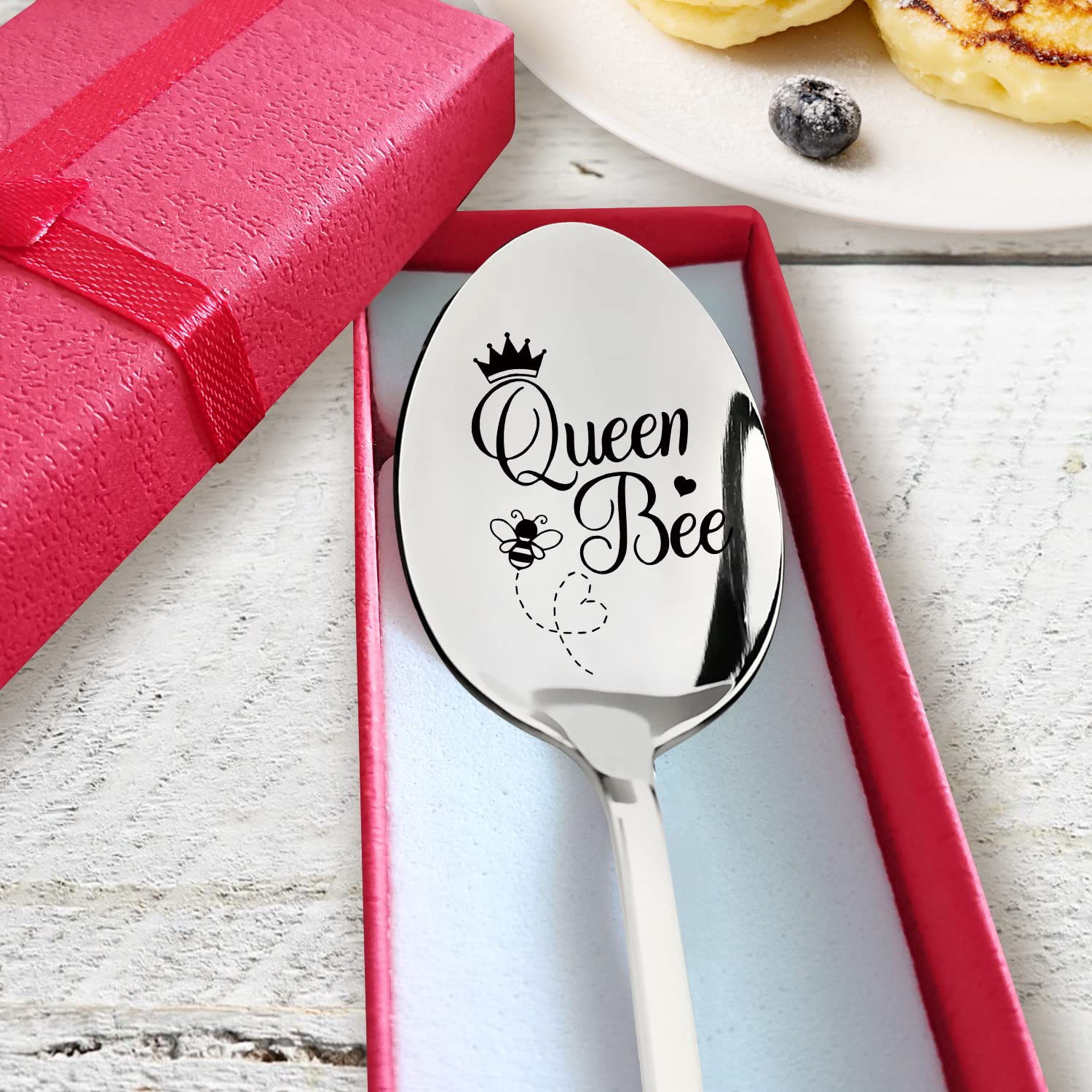 PZJIEAN Queen Bee Funny Engraved Stainless Steel Spoon, Best Ice Cream Coffee Dessert Spoon Gifts for Wife Girlfriend Sister Birthday Mothers Day Christmas