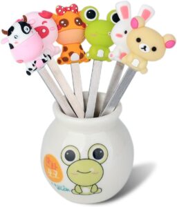 zeltauto 6 pcs fruit forks cute cartoon animal food picks for kids mini salad cake dessert toothpicks forks with a ceramic holder for party supply(cartoon)