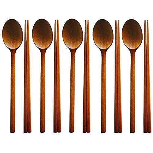 5 Set of Spoons and Chopsticks Handmade Cutlery Tableware Spoons Wooden Korean Jujube Tree Dinnerware Sets Combinations Utensil