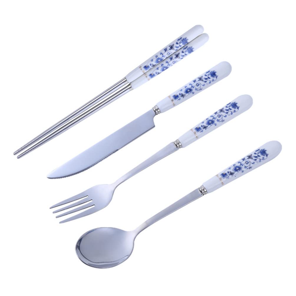 HEMOTON 1 Set White and Blue Porcelain Silverware Silverware Flatware Cutlery Set Stainless Steel Utensils Cutter Fork Spoon Chopsticks Set