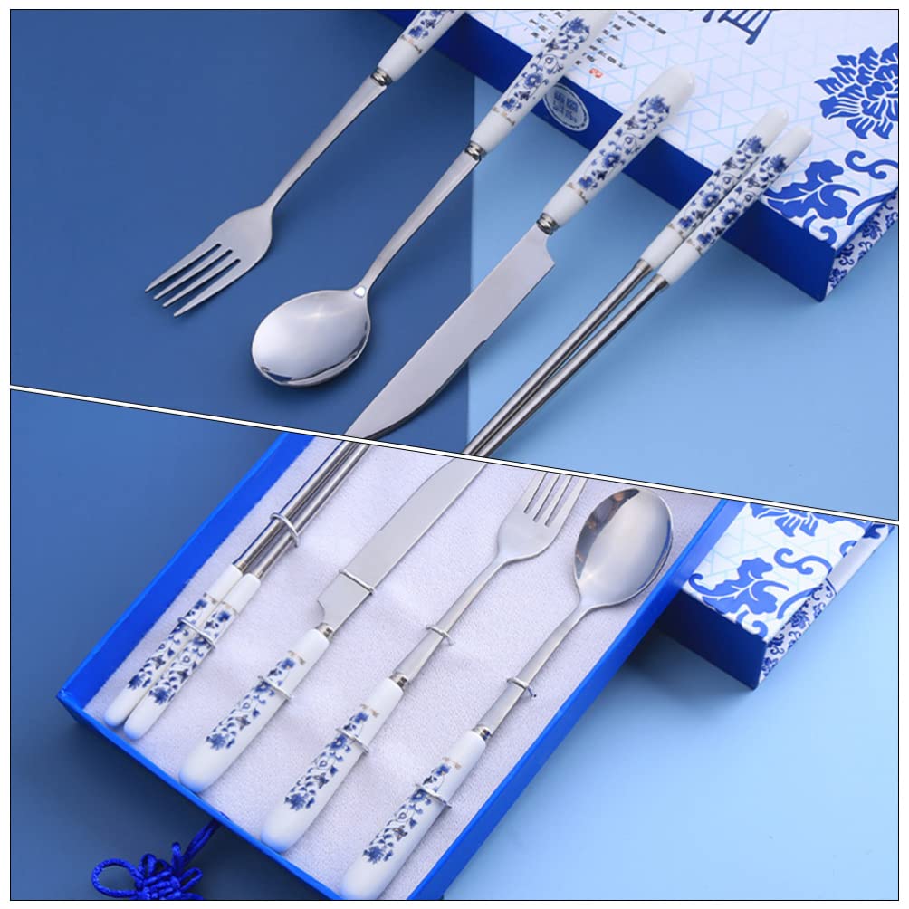 HEMOTON 1 Set White and Blue Porcelain Silverware Silverware Flatware Cutlery Set Stainless Steel Utensils Cutter Fork Spoon Chopsticks Set