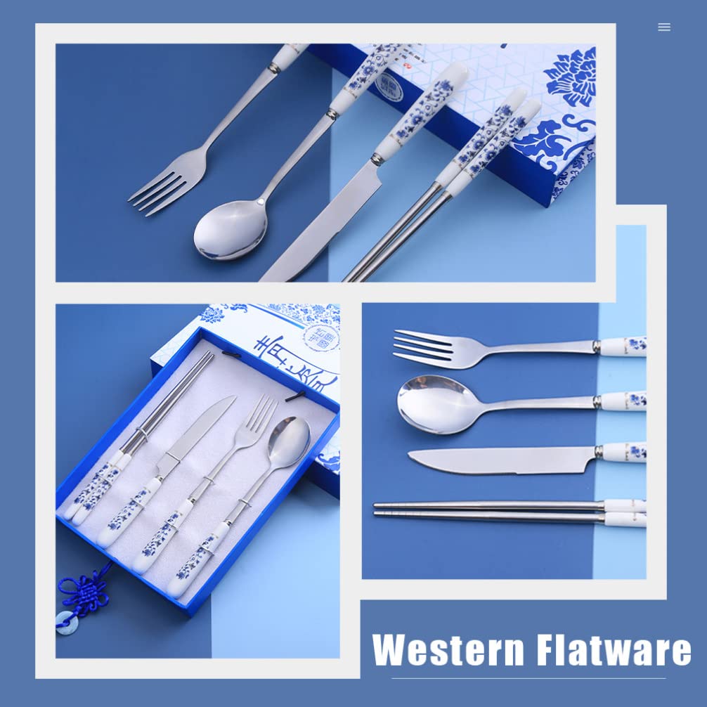 HEMOTON 1 Set White and Blue Porcelain Silverware Silverware Flatware Cutlery Set Stainless Steel Utensils Cutter Fork Spoon Chopsticks Set