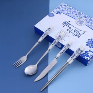 HEMOTON 1 Set White and Blue Porcelain Silverware Silverware Flatware Cutlery Set Stainless Steel Utensils Cutter Fork Spoon Chopsticks Set