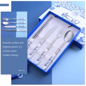 HEMOTON 1 Set White and Blue Porcelain Silverware Silverware Flatware Cutlery Set Stainless Steel Utensils Cutter Fork Spoon Chopsticks Set