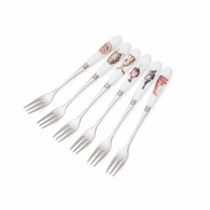 royal worcester wrendale designs pastry forks | 6 inch dessert forks | set of 6 forks with assorted animal motifs | made from stainless steel with porcelain handles