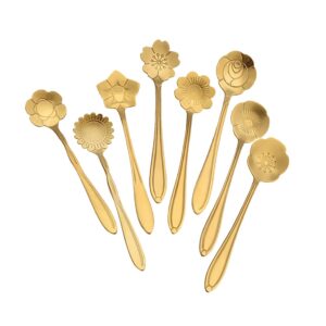 qnciger 5-inch 8 pcs flower spoon coffee teaspoon set, drink stirring spoon for dessert, coffee, ice cream, tea (gold)