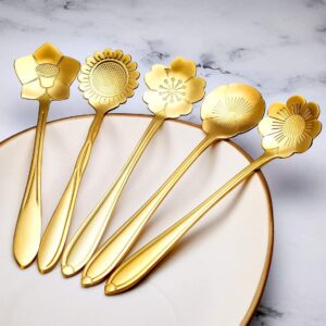 QNCIGER 5-Inch 8 Pcs Flower Spoon Coffee Teaspoon Set, Drink Stirring Spoon for Dessert, Coffee, Ice Cream, Tea (Gold)